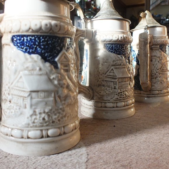 Dining | Midcentury Beer Stein Set Of Three With Metal Lids | Poshmark